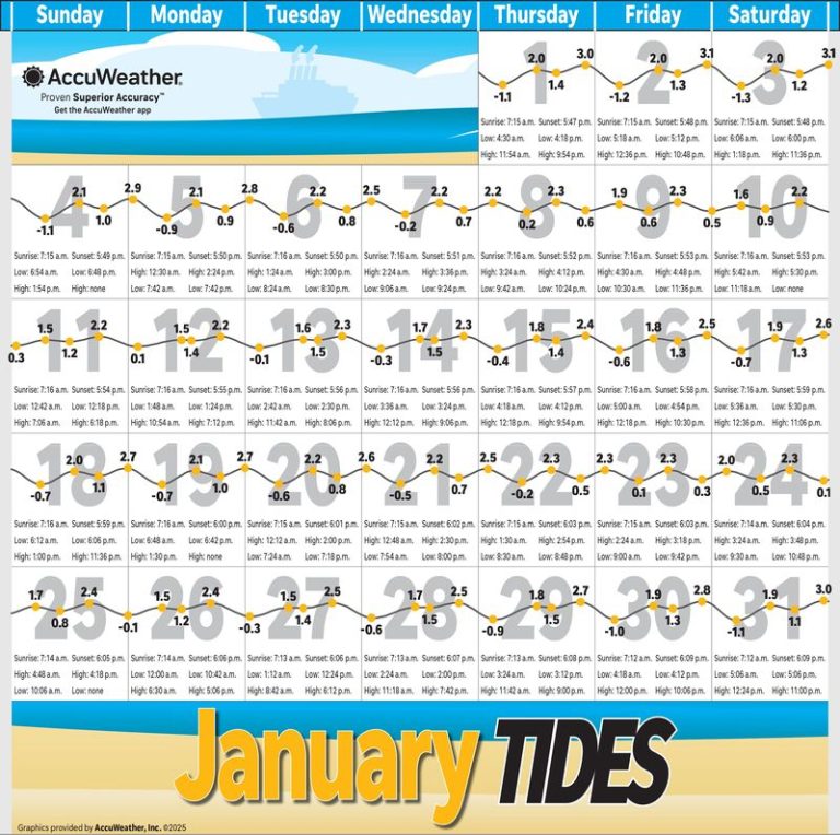 Southwest Florida tide chart for the month of January 2026
