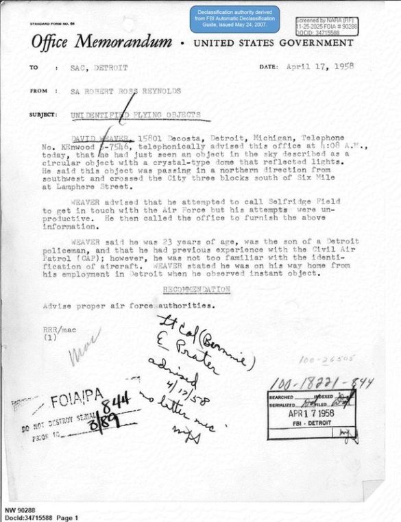 Government files detail 1958 Detroit UFO report