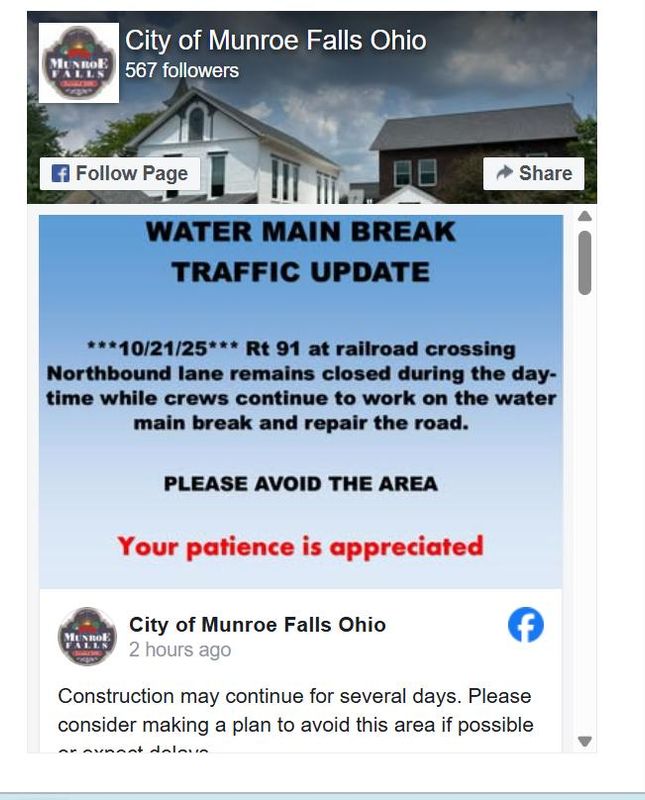 Munroe Falls urges caution on Route 91, issues water-boil advisory ...