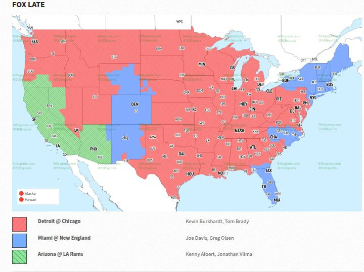 NFL TV broadcast maps, announcers for Week 18 games