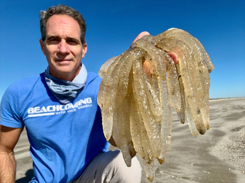 A mop of jelly-like strands on the beach? Those are squid eggs