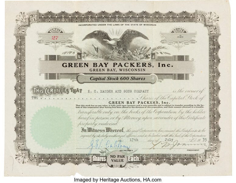 1935 Green Bay Packers stock certificate sells for $109,800 at auction